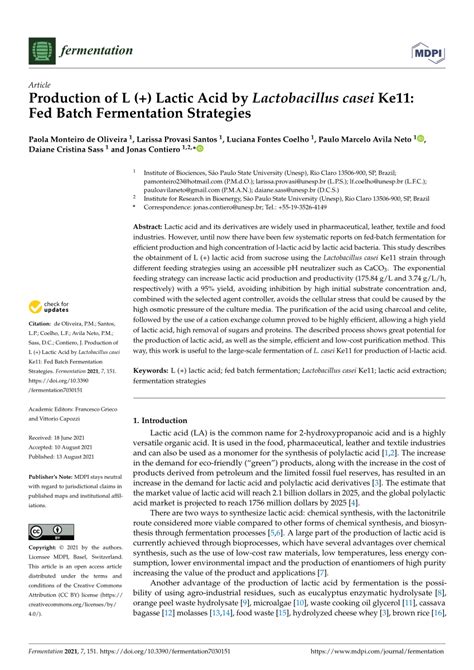 Pdf Production Of L Lactic Acid By Lactobacillus Casei Ke11 Fed Batch Fermentation Strategies
