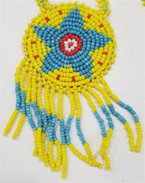 Vintage Seed Bead Necklace 5 Pt Star Yellow Blue Pend Gem