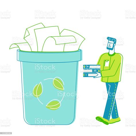 남자 자원 봉사자 문자 재활용 및 재사용을위한 폐지 쓰레기를 수집 오래된 사용 파일 시트의 더미를 수행 환경 문제 생태 보호 종이 저장 선형 벡터 일러스트레이션 감소에 대한