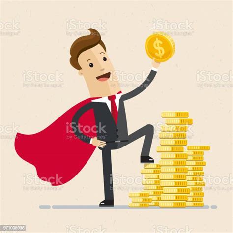 황금 동전을 들고 빨간 외 투에서 사업가입니다 비즈니스의 슈퍼 히어로입니다 개념에 대한 스톡 벡터 아트 및 기타 이미지 개념 경영자 기업 비즈니스 Istock