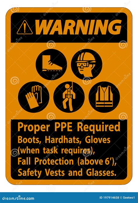 Warning Sign Proper PPE Required Boots Hardhats Gloves When Task Requires Fall Protection With