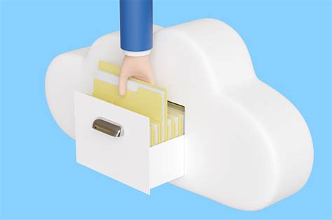 파란색 배경에 격리 된 클라우드 서랍에 파일이있는 만화 손 넣기 폴더 3d 일러스트레이션 3차원 형태에 대한 스톡 사진 및 기타