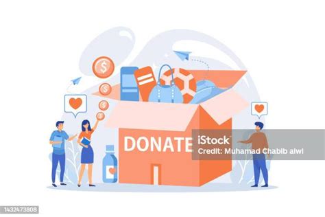 자원 봉사자들은 자선 단체를위한 물품을 거대한 기부 상자에 모으고 동전을 항아리에 기부합니다 기부 자선 기부 기금 친절한 개념의 선물 플랫 벡터 현대 일러스트 레이 션 자선