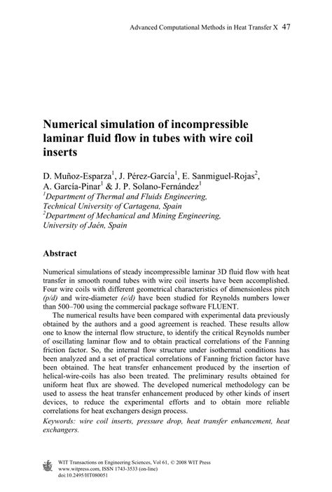 pdf numerical simulation of incompressible laminar fluid flow in