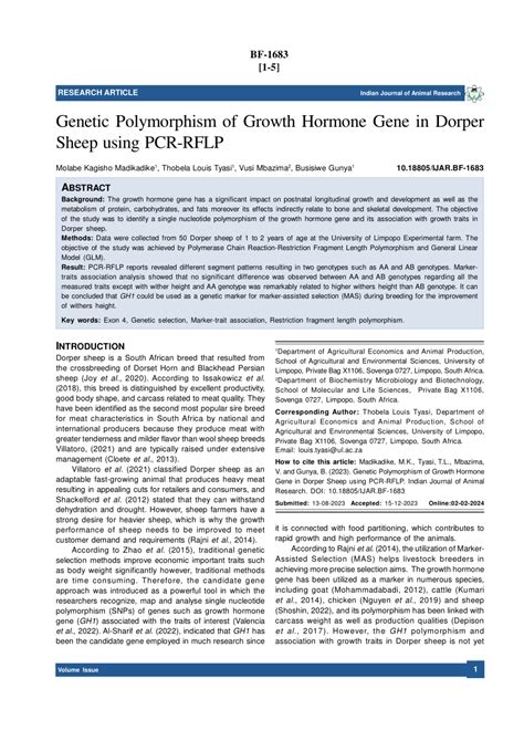 Pdf Genetic Polymorphism Of Growth Hormone Gene In Dorper Sheep Using