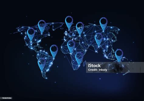 어두운 파란색 배경에 Gps 위치 표지판과 미래 빛나는 낮은 다각형 지구지도 세계지도에 대한 스톡 벡터 아트 및 기타 이미지