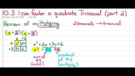 10 3 Factoring A Quadratic Trinomial Part 2 Youtube