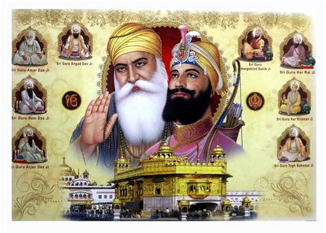 10 Sikh Gurus With Big Pictures Of The Golden Temple Guru Nanak Dev Ji