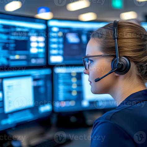 Woman In Headset Working With Multiple Computer Screens In A Modern Workspace 50897063 Stock