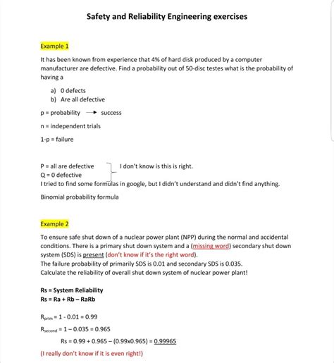 Solved Safety And Reliability Engineering Exercises Example