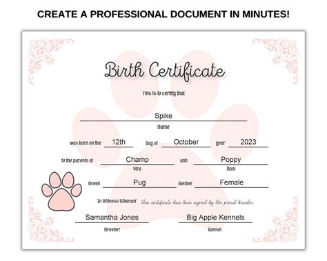 Editable Puppy Birth Certificate Dog Birth Certificate Breeder Forms