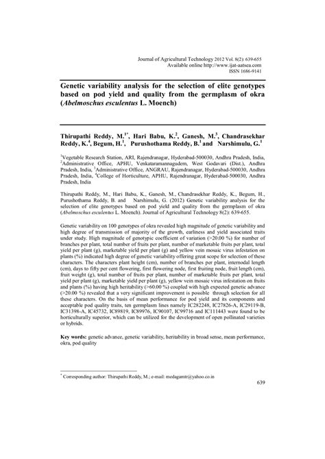 Pdf Genetic Variability Analysis For The Selection Of Elite Genotypes Based On Pod Yield And