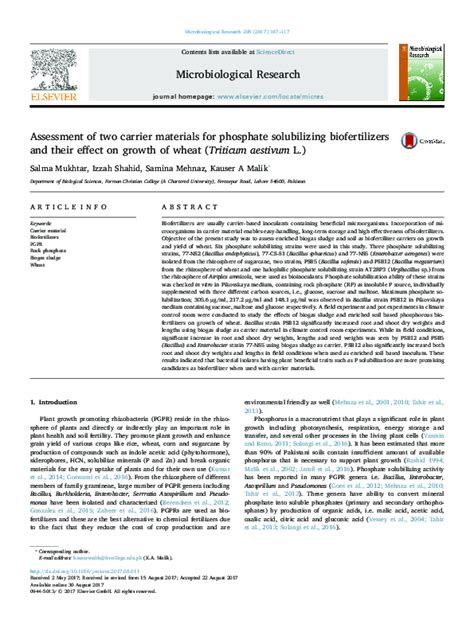 Pdf Assessment Of Two Carrier Materials For Phosphate Solubilizing