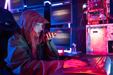Hack Program Concept Professional Woman Hacker Using Keyboard Send
