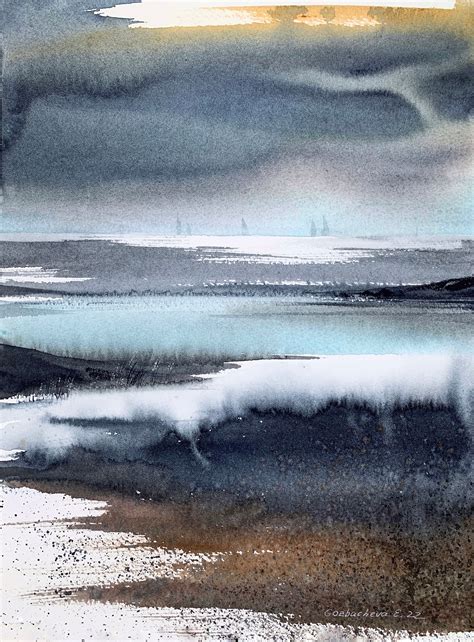 Aquarelle Originale De Paysage Marin Art Abstrait Nordique Des Vagues 12 X 9 Pouces Etsy