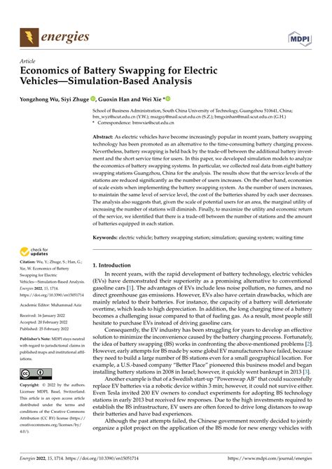 Pdf Economics Of Battery Swapping For Electric Vehicles—simulation Based Analysis