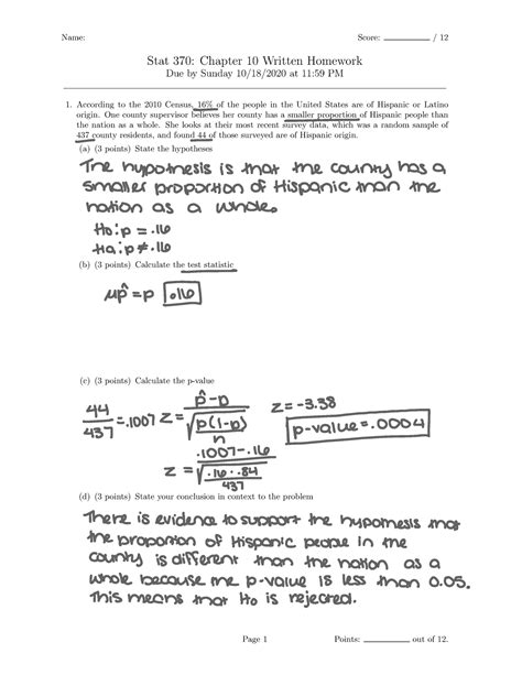 Stat 370 Ch 10 Written Homework 1 Name Score 12 Stat 370 Chapter
