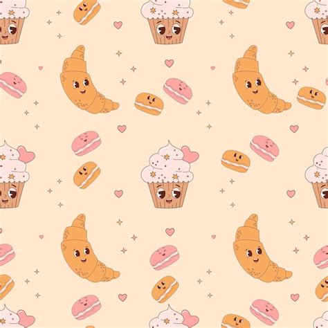 Patrón sin costuras con pastelería linda personajes de dibujos animados croissant macaron y