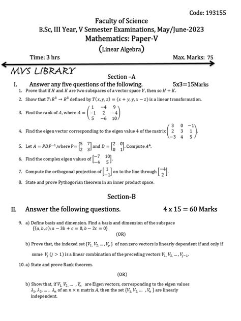 V Sem Linear Algebra Pdf Eigenvalues And Eigenvectors Linear Map