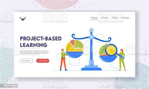 프로젝트 기반 학습 랜딩 페이지 템플릿입니다 벤치마킹 및 시장 분석 돋보기가 있는 작은 비즈니스 캐릭터 저울에 대한 스톡 벡터 아트 및 기타 이미지 Istock