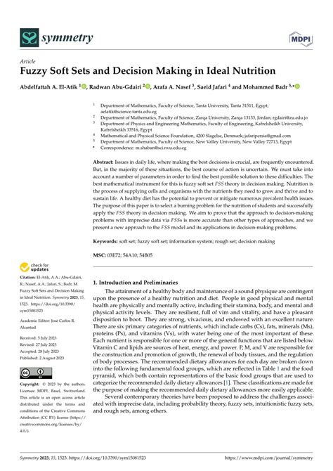 Pdf Fuzzy Soft Sets And Decision Making In Ideal Nutrition
