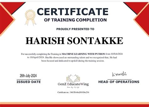Harish Sontakke On Linkedin Internship Machinelearning Python Genzeducatewing
