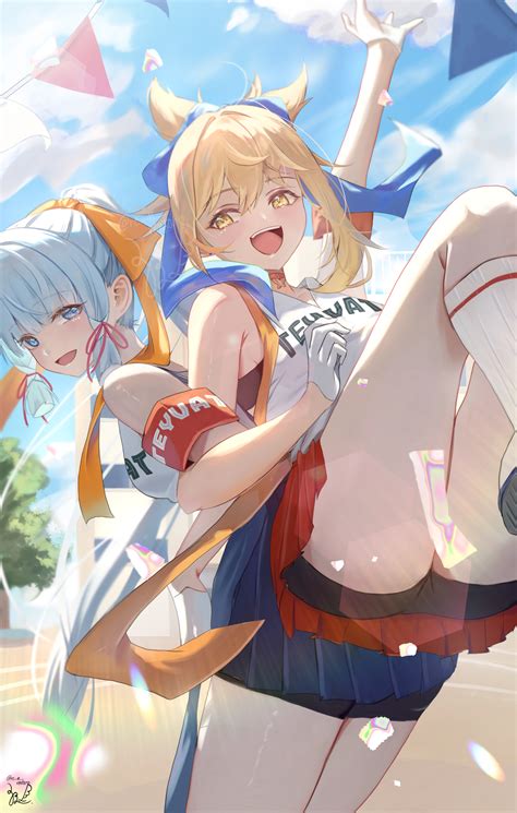 Kamisato Ayaka And Yoimiya Genshin Impact Drawn By Sazanamiren