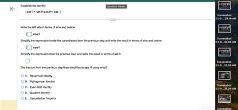 Solved Establish the identity cotθ tanθ cosθ cscθ Write Chegg