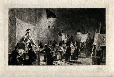 A Male Nude Model Being Drawn By A Life Drawing Class By Lamplight Etching By A Ballin