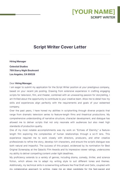 Free Script Writer Cover Letter Template To Edit Online