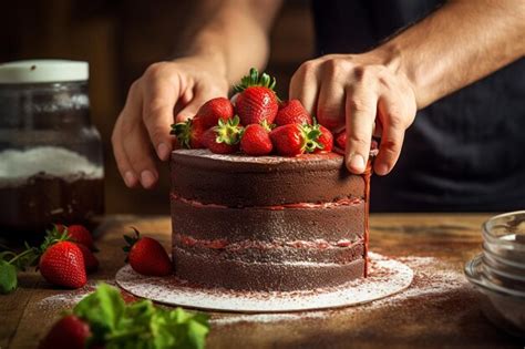 Premium Photo A Baker Adding Final Touches To A Strawberry Cake With A Dusting Of Cocoa Powder