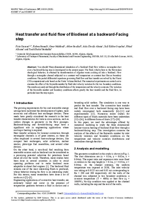 Pdf Heat Transfer And Fluid Flow Of Biodiesel At A Backward Facing