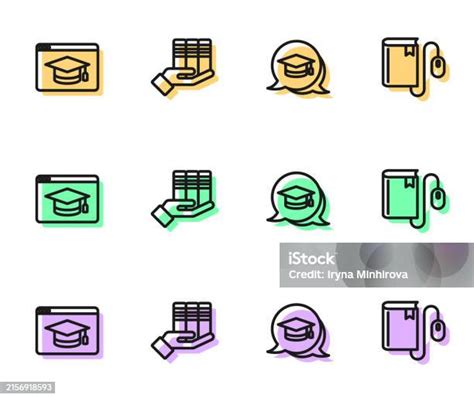 말풍선 온라인 교육 도서 기부 및 마우스 아이콘이 있는 전자 책의 졸업 모자를 설정합니다 벡터 개념에 대한 스톡 벡터 아트 및 기타 이미지 Istock