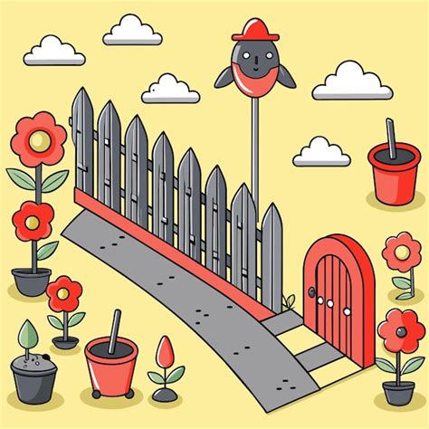Un Dibujo De Dibujos Animados De Un Jardín Con Una Valla Y Flores