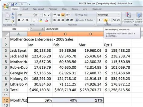 Applying The Percent Style In Excel 2007 Dummies