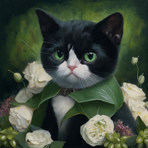 Una Pintura De Un Gato Negro Con Ojos Verdes Y Un Collar Con Un Lazo Verde Foto Premium