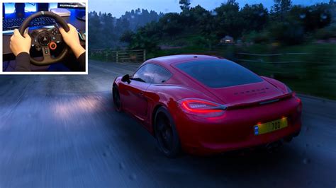 Porsche Cayman GTS Rainy Drive In Forza Horizon 5 Logitech G29 4K