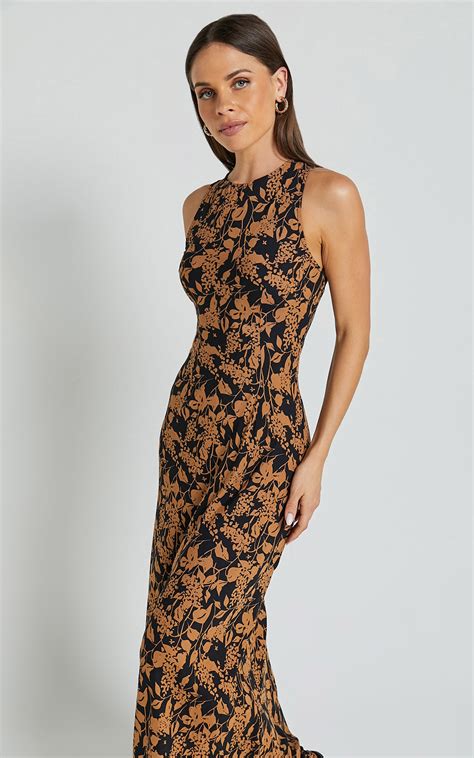 Francis Midi Dress High Neck Slip Dress In Brown Floral Showpo Usa