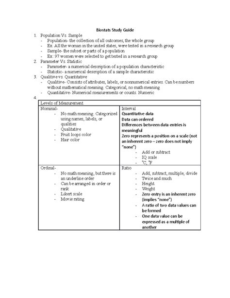 Biostats Study Guide Population Vs Sample The Collection Of All Outcomes The Whole Group Ex
