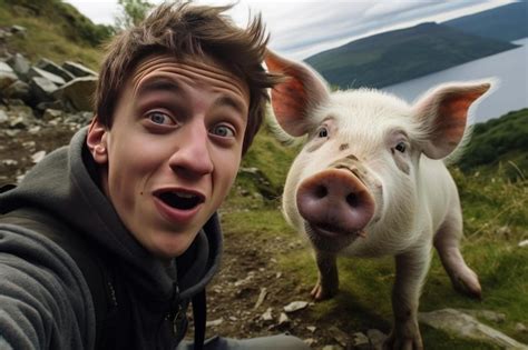 Premium Photo Comical Scared Man Selfie With Pig Generate Ai