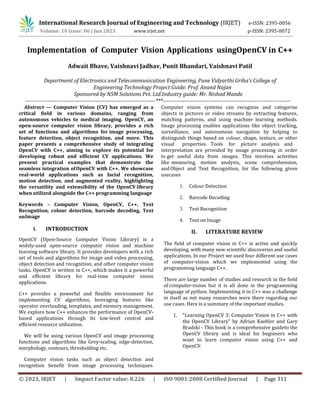 Implementation Of Computer Vision Applications Using OpenCV In C PDF