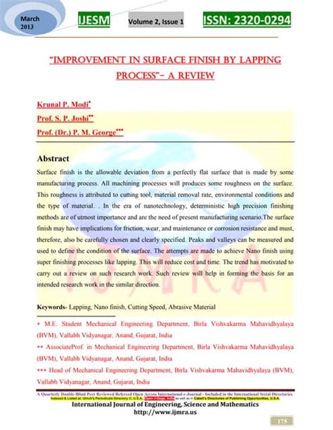 “improvement In Surface Finish By Lapping Process” A Review Pdf