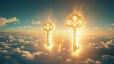 Three Golden Keys Floating Above Clouds At Sunset Stock Illustration