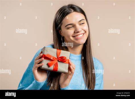 Excited Woman Received T Box With Bow She Is Happy And Flattered By