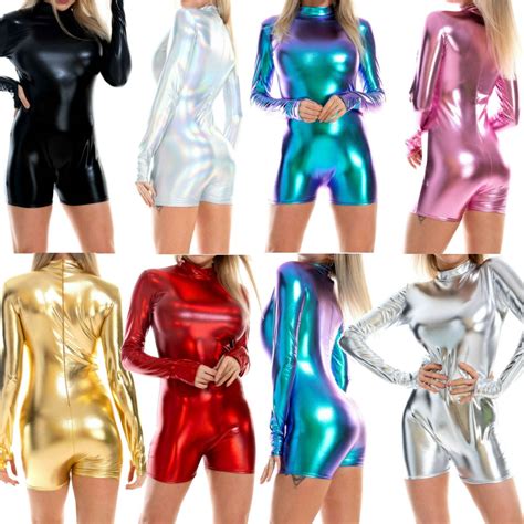 Shiny Women Long Sleeve Jumpsuits Rompers Dance Clubwear Pvc Wetlook