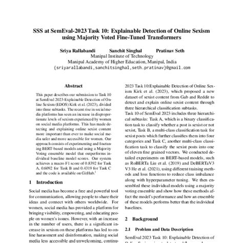 SSS At SemEval 2023 Task 10 Explainable Detection Of Online Sexism Using Majority Voted Fine