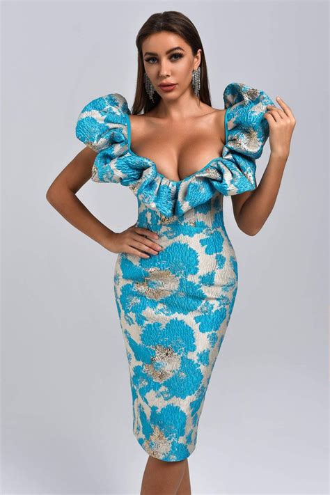 Bellabarnett Blue Midi Dress Metallic Cocktail Dresses Gold