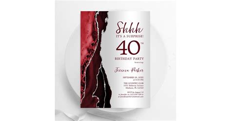 Burgundy Red Silver Agate Surprise 40th Birthday Invitation Zazzle