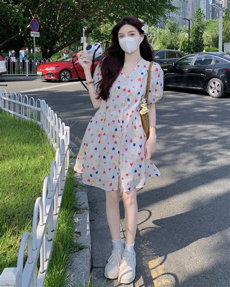 러블리 하트 원피스 V 브이 넥 벌룬 퍼프 소매 반팔 소매 봄 여름 단추 여밈 버튼 하트 무늬 컬러 도트 땡땡이 A 라인 플레어 하이 웨스트 A 라인 치마 스커트 드레스