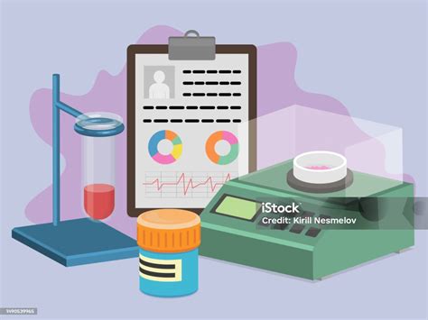 구성 이미지는 테스트 결과가 있는 클립보드 테스트 튜브 홀더 실험실 인큐베이터 및 알약 병으로 구성됩니다 간호사에 대한 스톡